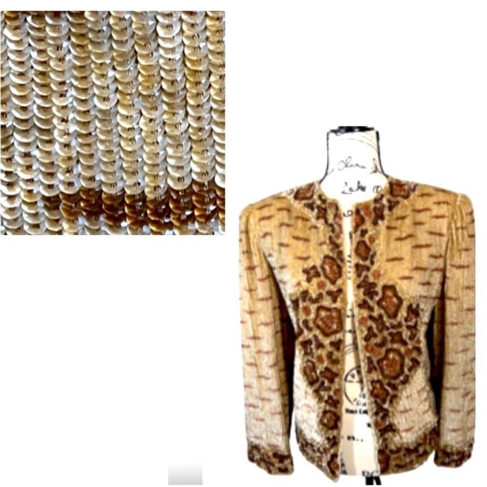 Bill Blass Vintage Sequins Blazer Cream Gold Textured… - Gem